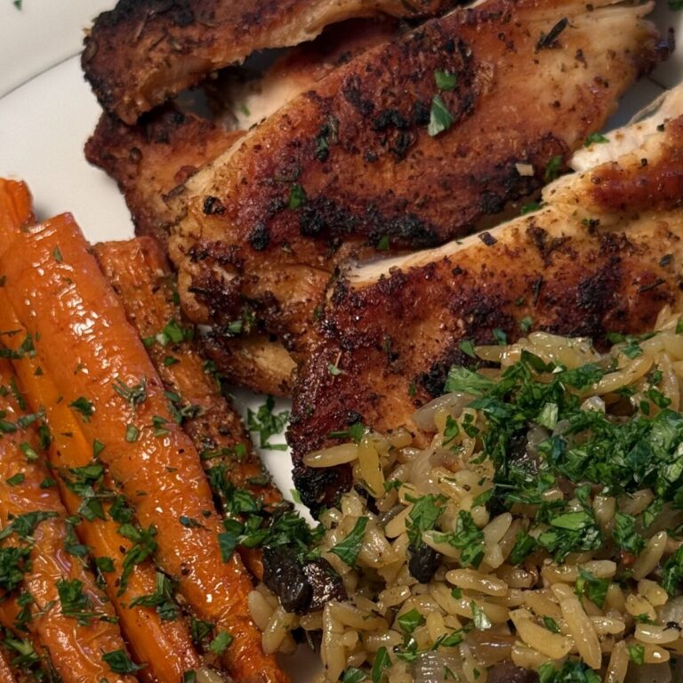 Lemon Garlic Herbed Chicken with Mushroom Rice Pilaf & Roasted Carrots ...